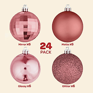 Christmas Ornaments Set of 24 - Beautiful [Rose-Gold] Christmas Tree Decorations Ornaments Set - 4 Styles Glitter/Matte/Mirror/Shiny - Shatterproof/Pre-Strung, For Holiday/Party/Decorations/DIY (1.5")