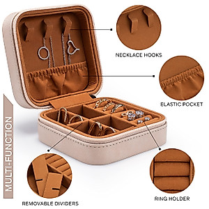 Custom Leather Customized Jewelry Organizer Box w/Name & Birth Flower Month - Birthday Gifts for Women, Mom Personalized Jewelry Travel Case - Beige