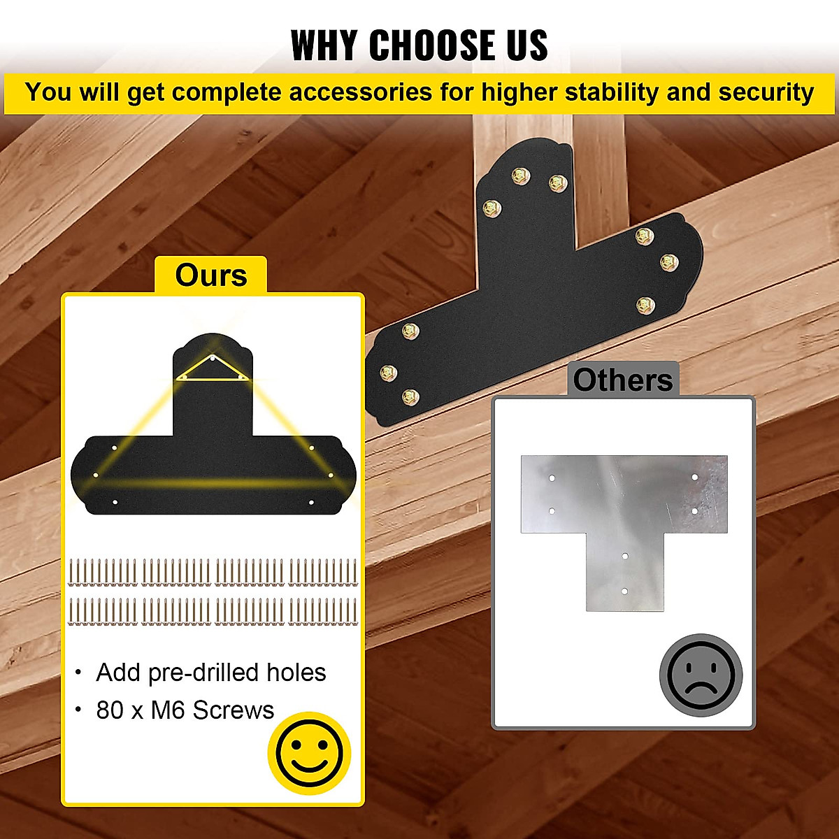 VEVOR Black T Bracket, 6'' x 6'', 8 PCs Black Powder-Coated T Mending Plate, 16 Gauge Steel T-Shaped Tie Flat Connector with Screws Set, Post to Beam Bracket for Repair Wood Furniture