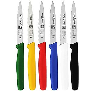 ICEL Serrated Paring Knife Set. Great for All Kind of Kitchen Prep work, Like Chopping Mincing Dicing. 6-Piece Set Includes One Red, Blue, Yellow, Green, Black and White knives Light 'n' Mighty