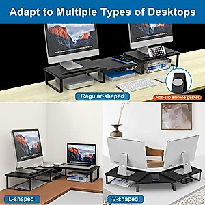 AQQEF Dual Monitor Stand Riser, Adjustable Length and Angle, Computer Monitor Desk Shelf with USB3.0 and Slot for Tablet and Cellphone, Wooden Desktop Oraganizer Stand for 2 Monitors
