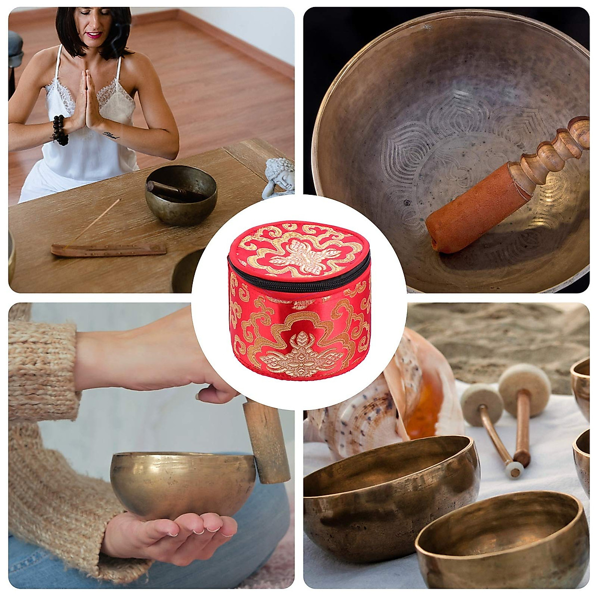 Tibetan Singing Bowl Bag Zipper Buddhist Meditation Bowl Tote Holder Portable Travel Outdoor Chanting Bowl Storage Case 12X9.5CM (Random Color)