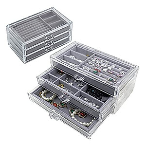 Acrylic Jewelry Organizer Box, Velvet Jewellry Clear Display Case, 3 Drawers Stackable Ring Earring Necklace Bracelet Display Storage for Women Girls Kids Gift