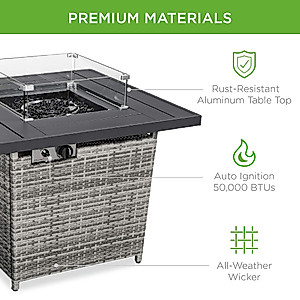 Best Choice Products 32in Fire Pit Table 50,000 BTU Outdoor Wicker Patio Propane Gas w/Glass Wind Guard, Aluminum Tabletop, Glass Rocks, Tank Storage, Lid, Cover - Ash Gray
