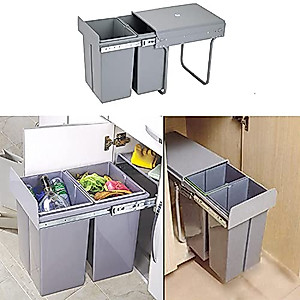 Pull Out Trash can Under Cabinet 40 Quart Double Sliding Trash Can Under Cabinet Bin with Lid and Handle Easy to disassemble Gray Garbage Recycling Trash Container Bin