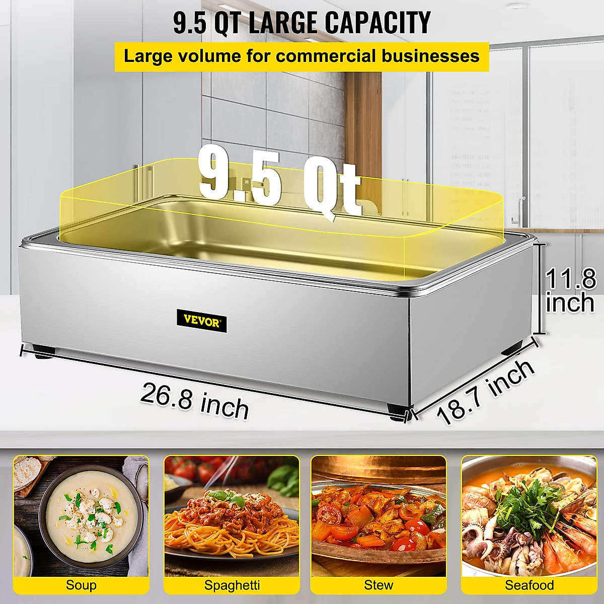 VEVOR 110V 6-Pan Commercial Food Warmer, 1200W Electric Steam Table 15cm/6inch Deep, Stainless Steel Buffet Bain Marie 32 Quart for Restaurants
