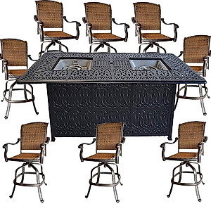 Sunvuepatio 9 Piece Fire Pit Patio Dining Outdoor Bar Set Santa Clara Swivels Barstools Table Cast Aluminum Wicker Furniture.