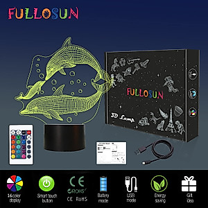 FULLOSUN Dolphin Gifts, 3D Illusion Lamp, Dolphin Night Light for Bedroom Decoration Fashion Style Gifts for Birthday Xmas with Remote Control 16 Color Change + Dim Function + 4 Flash Mode