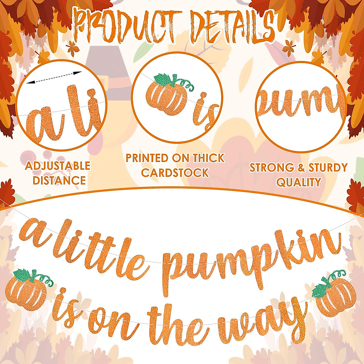 Orange Glitter "A Little Pumpkin Is On The Way" Banner - Pumpkin Baby Shower Banner, Fall Themed Gender Reveal Decorations, Thanksgiving Autumn Garland Photo Prop for Indoor Outdoor Party Supplies
