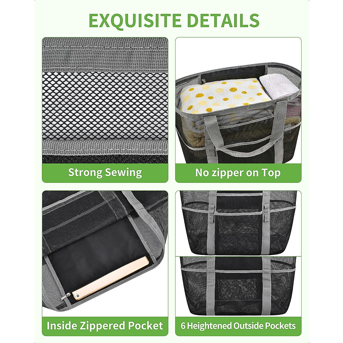 Extra Large Mesh Tote Bag with Multiple Pockets, Heavy Duty Beach Bag for Family Trip Camping Swimming