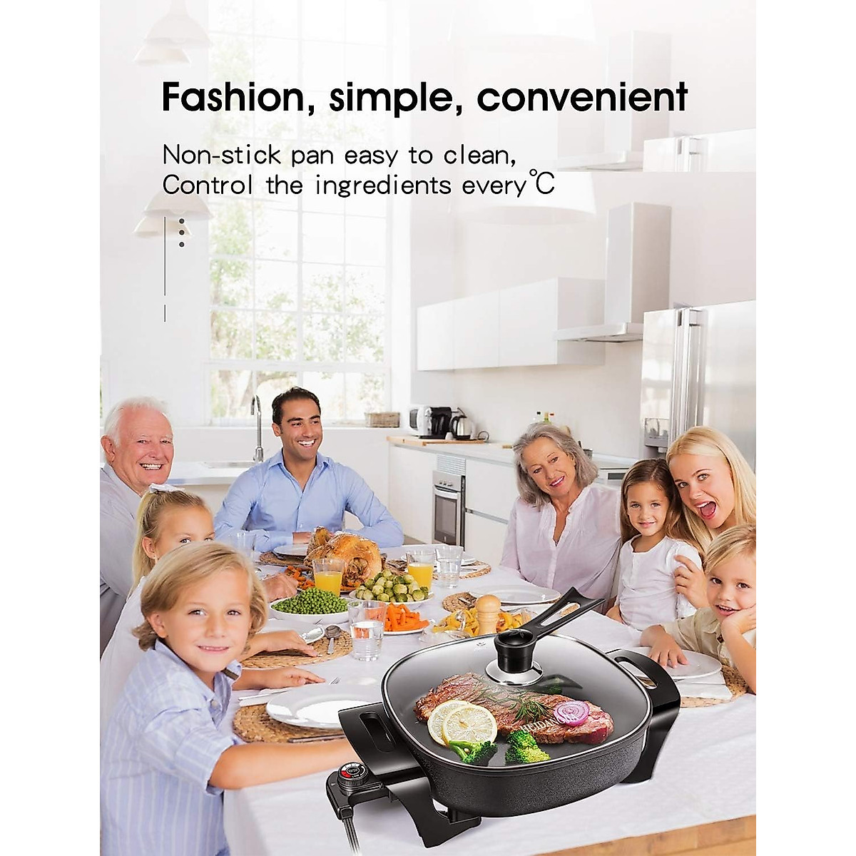 HUIDANGJIA Electric Skillet, Roast, Fry and Steam,Heat Resistant Handles,12" Deep Dish Nonstick Frying Pan with Tempered Glass Lid,1360W Electric Griddle,Black