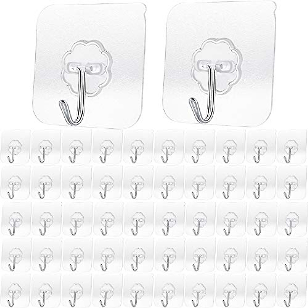 Adhesive Hooks - Transparent Reusable Utility Hooks Heavy Duty Wall Hooks 13lb(Max) Seamless Hooks Waterproof and Oil Proof for Kitchen Bathroom and Kitchen (50)