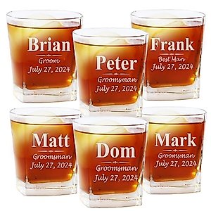 Set of 1, 4, 5 and More Custom Personalized Whiskey Rocks Glasses for Bachelor Party - Engraved Square Rocks Glass Gifts for Groom, Groomsman - 3-Lines Style (6)