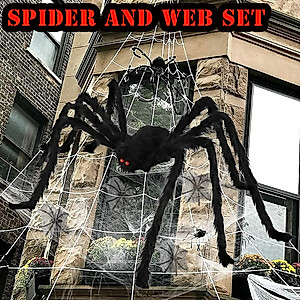 AOGU 200" Halloween Spider Web + 78" Giant Spider Decorations Fake Spider with Triangular Huge Spider Web for Indoor Outdoor Garden Yard Home Party Haunted House Decor