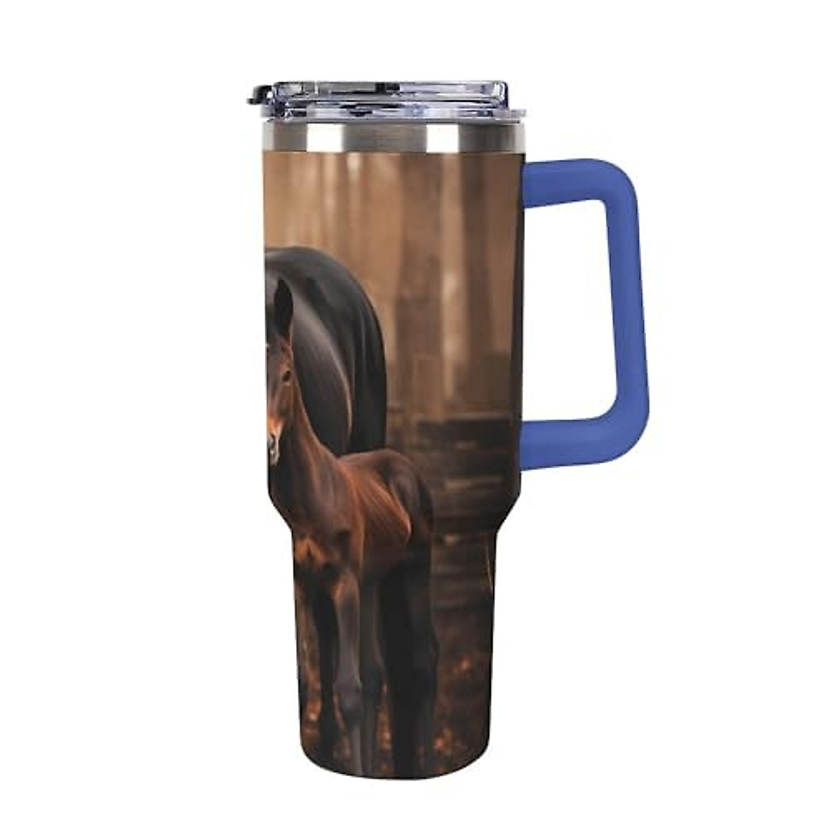 Wild Animal Mare And Foal Horse 40 Oz Car Cup Stainless Steel Travel Mug Leak-Proof Insulated Tumbler with Handle Deep Blue-style
