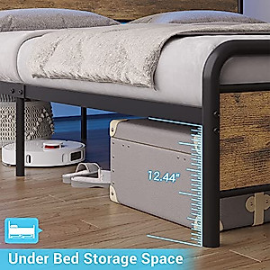 DICTAC Queen Bed Frame with Storage Headboard and Charging Station Led Bed Frame Queen Size with Headboard Storage,Metal Platform Bed Frame with LED Lights,No Box Spring Needed,Rustic Brown