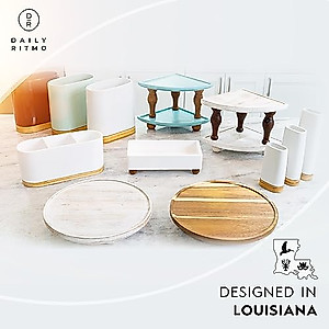 DAILY RITMO Corner Counter Wood Shelf | Stackable Countertop Bathroom Organizer | Farmhouse White Wash Tray Riser Wooden Shelves 2-Pack | Rustic Decorative Pedestal Stand | Triangular Storage Pedestal