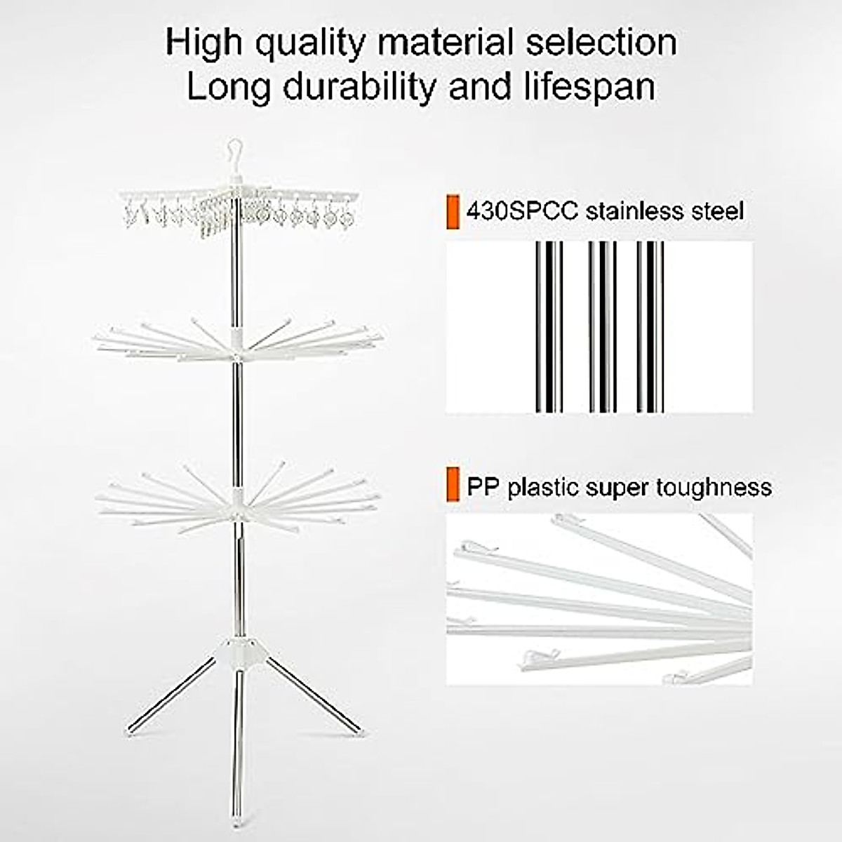 Clothes Drying Rack, Stainless Steel Foldable Drying Rack, Adjustable Laundry Handle Indoor Outdoor Laundry Drying Rack for Towels, Socks, Underwear, Shirts, Shorts, Bibs, Nappies, Kids Clothes