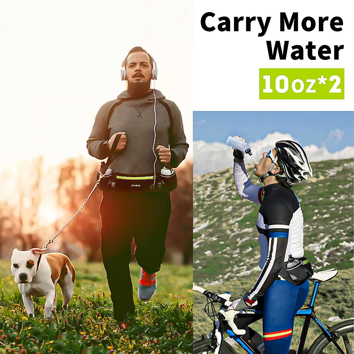 PYFK Upgraded Running Belt with Water Bottles, Hydration Belt for Men and Women, Water Bottle Holder Running Pouch Belt, Fanny Pack Fits 7 inches Phones, Waist pack for Running Hiking (Green)