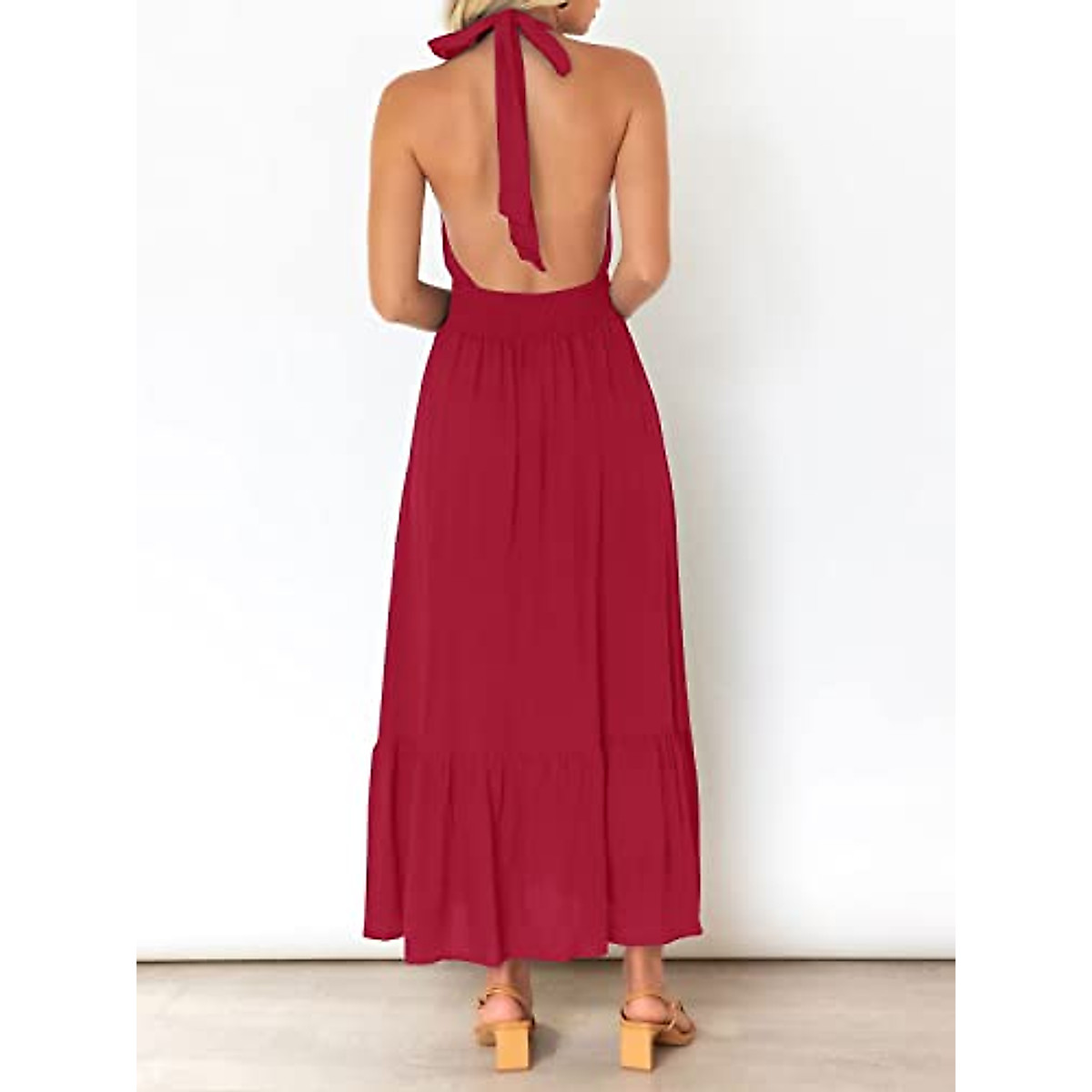 ZESICA Women's 2023 Summer Crossover Halter Neck Sleeveless Plaid Cut Out Backless Flowy A Line Maxi Dress,Red,Medium