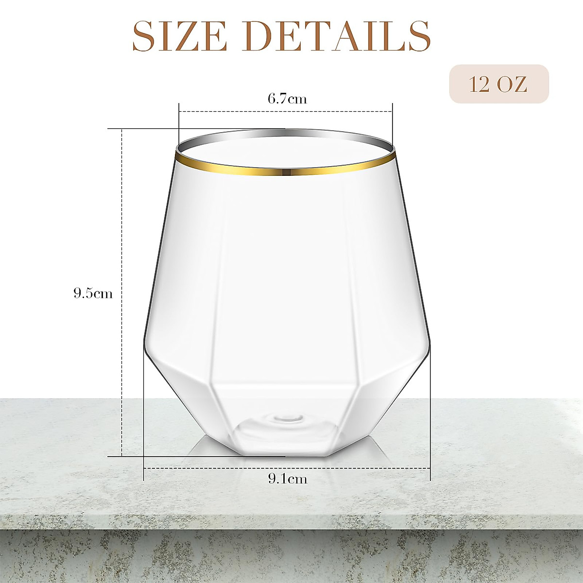 Bokon Plastic Stemless Wine Glass Bulk 12 oz Diamond Whiskey Cups Unbreakable Disposable Easy Hold for White or Red Wine, Christmas Party Gift Housewarming Birthday Wedding(Gold Rim, 100 Pack)