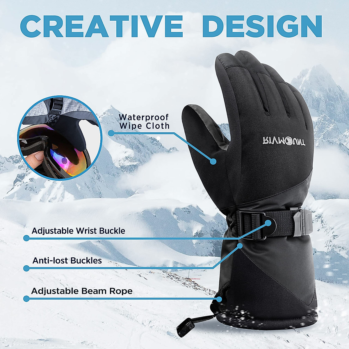 rivmount Ski Snow Gloves Men Women, Waterproof 3M Thinsulate Touchscreen, Winter Cold Weather Warm Gloves Wrist Leashes