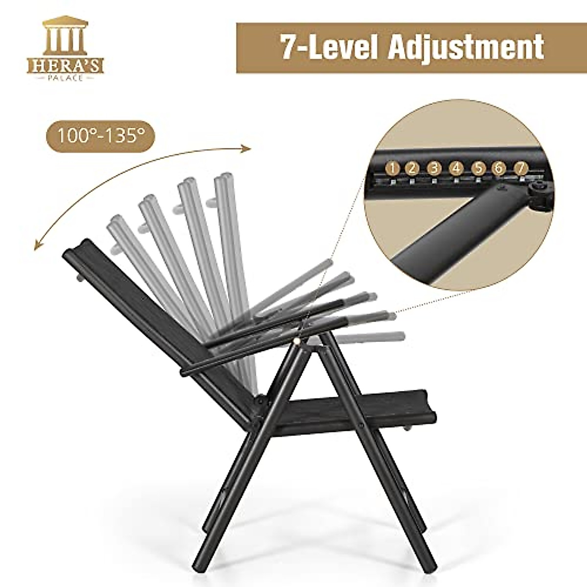 HERA'S PALACE Patio Dining Chair Foldable and Portable, Outdoor Folding Chairs with Armrest, Reclining High Back Sling Dining Chairs for Garden, Poolside, Backyard (2pcs, Black)