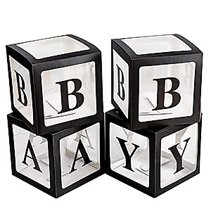 4pcs Transparent Baby Boxes,Clear Balloon Boxes Backdrop with 16 Letters,Transparent Baby Shower Blocks for Boys and Girls 1st Birthday Party, Gender Reveal Party Decorations (Black)