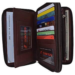 Swiss Marshall Womens Wallet Genuine Leather Double Zip Around Phone Clutch Large Travel Purse Ladies Wallet (Brown)