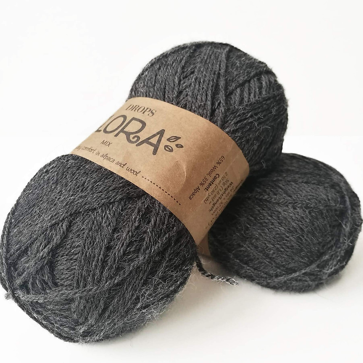 65% Wool 35% Alpaca Yarn, Drops Flora, 1 or Superfine, Fingering Weight, 4 ply, 1.8 oz 230 Yards per Ball (05 Dark Grey)