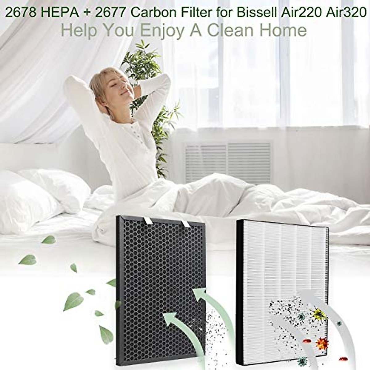 FFsign 2678 Replacement High Efficiency HEPA Filter + 2677 Actived Carbon Filter for Bissell Air220 Air320, 1 True HEPA Pre-Filter & 1 Carbon Filter
