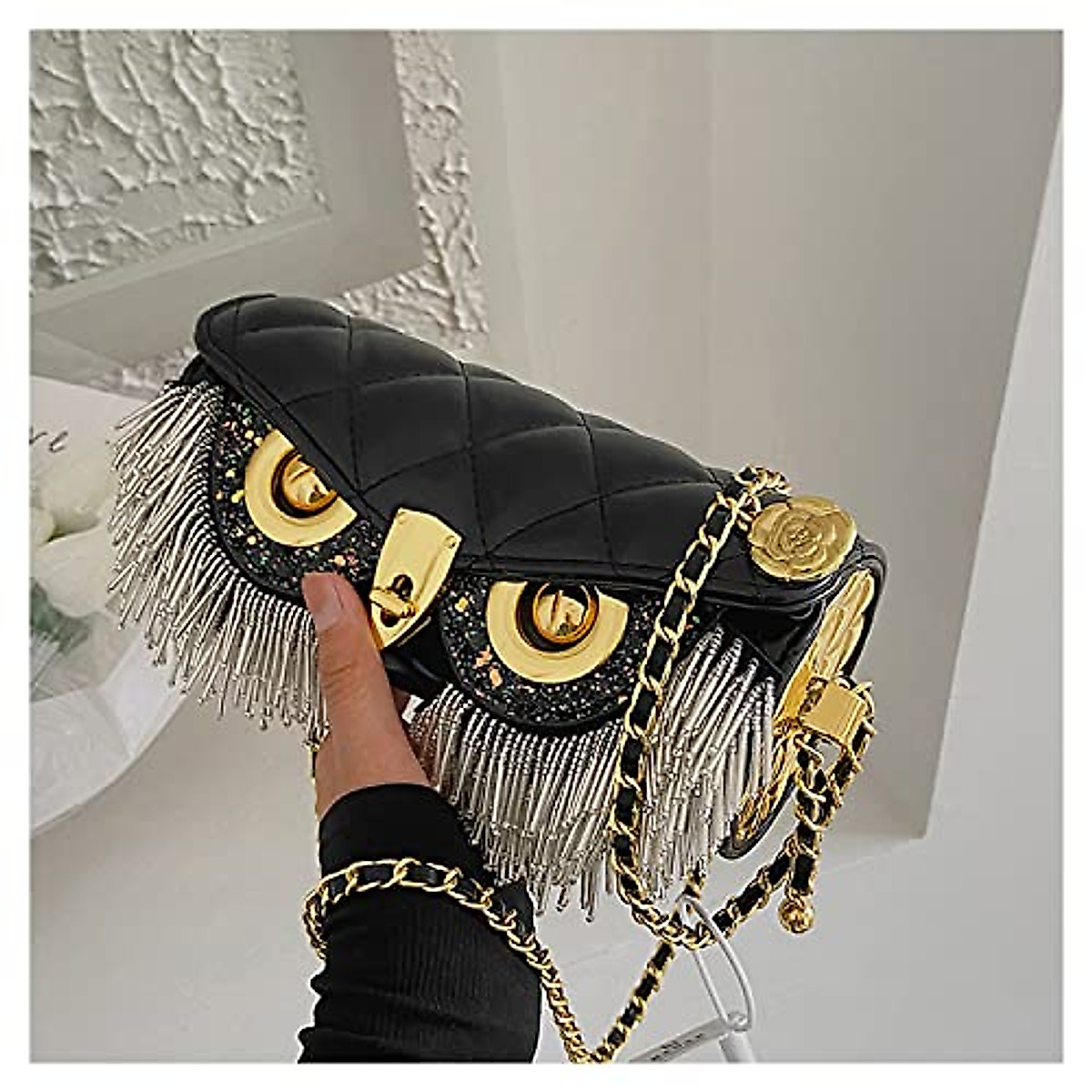 HEYCUE Women's Owl Purse Artificial Rhinestone Evening Clutch Purse Tassel Wedding Party Hand Bags Crossbody Bag With Adjustable Chain