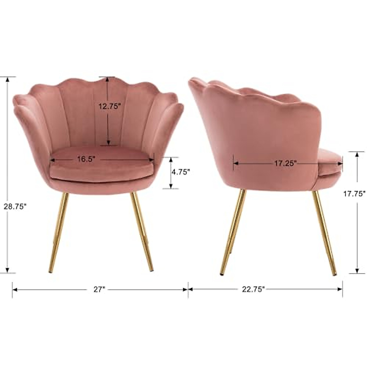 chairus Velvet Accent Chair, Upholstered Vanity Chair with Shell Back & Gold Metal Legs, Modern Small Armchair Side Chair Guest Chair for Living Room Bedroom Makeup Dressing Room, Antique Pink
