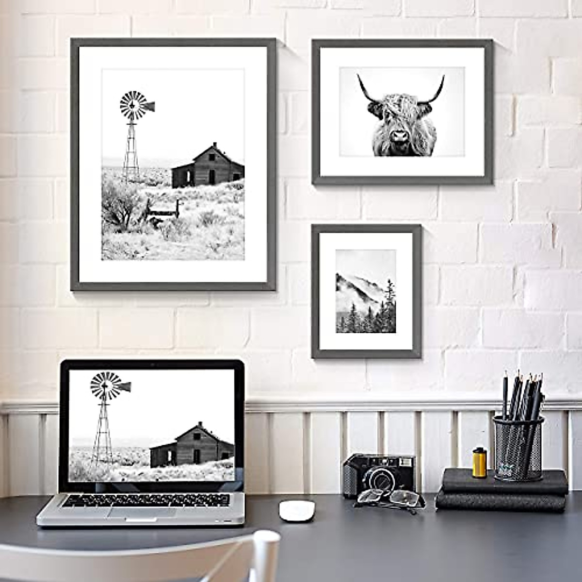 SunFlax Farmhouse Animal Framed Wall Art - Highland Yak and Smoky Mountain Picture with Black Wooden Frames for Bathroom, Living Room, Bedroom, Office