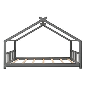 Harper & Bright Designs Full Size House Bed for Kids, Full Bed Frame with Headboard and Footboard, Wooden Kids House Bed for Girls Boys Bedroom Furniture, No Box Spring Needed, Grey