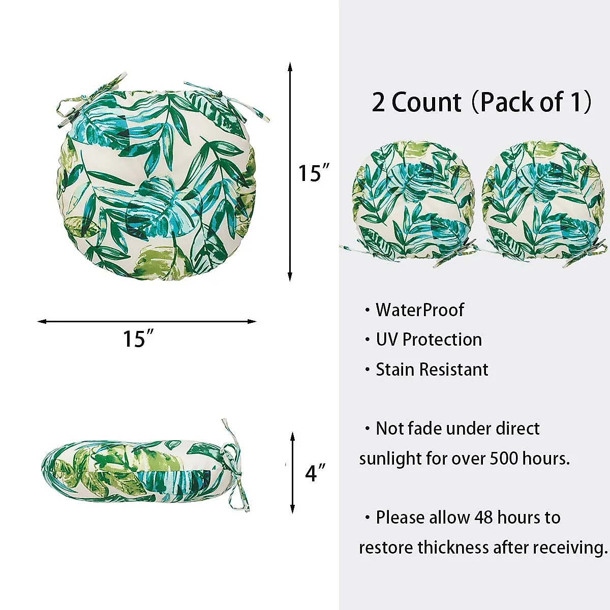 FUNHOME Bistro Chair Cushions 15 inch,Set of 2,Tufted Round Outdoor Chair Cushions 15"x15"x4",Waterproof Patio Seat Cushion with Ties for Barstool Garden Kitchen Furniture(Palm Leaf)