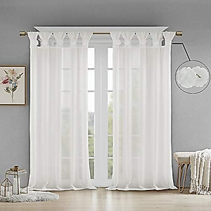 Madison Park Rosette Floral Embellished Cuff Tab Top Solid Window Treatments Single Curtain Panel Drape for Bedroom Living Room and Dorm, 50"x84", White