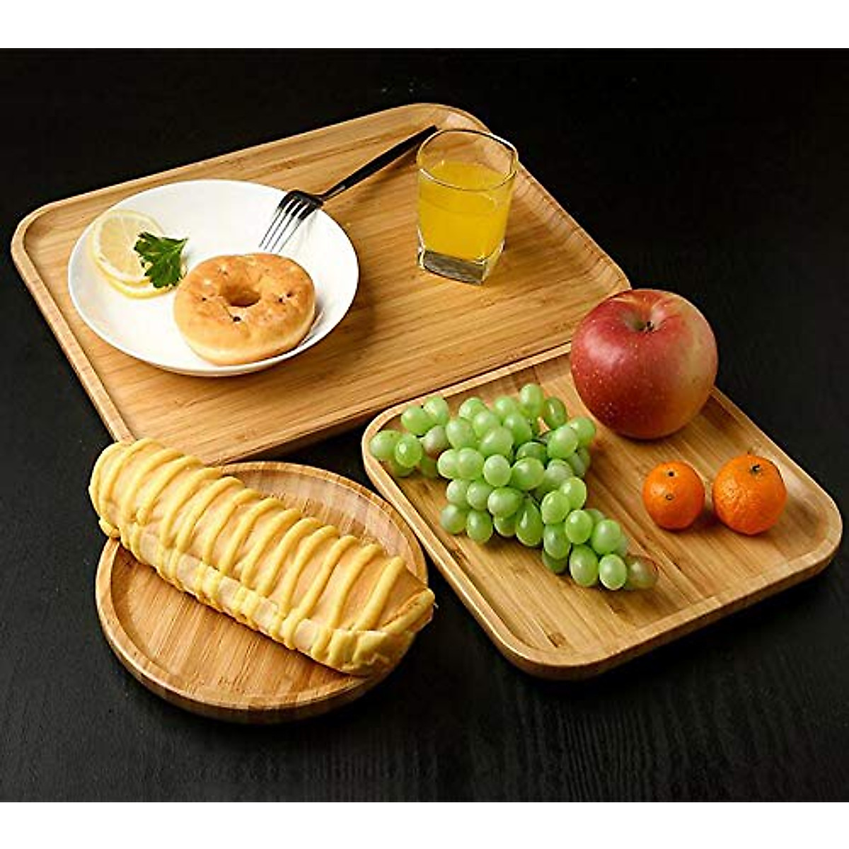 Yarlung 2 Pack Bamboo Tray Cheese Plate, 14x9 Inches Food Serving Saucer Wood Rectangular Platter for Coffee, Tea, Fruit, Plant Pot