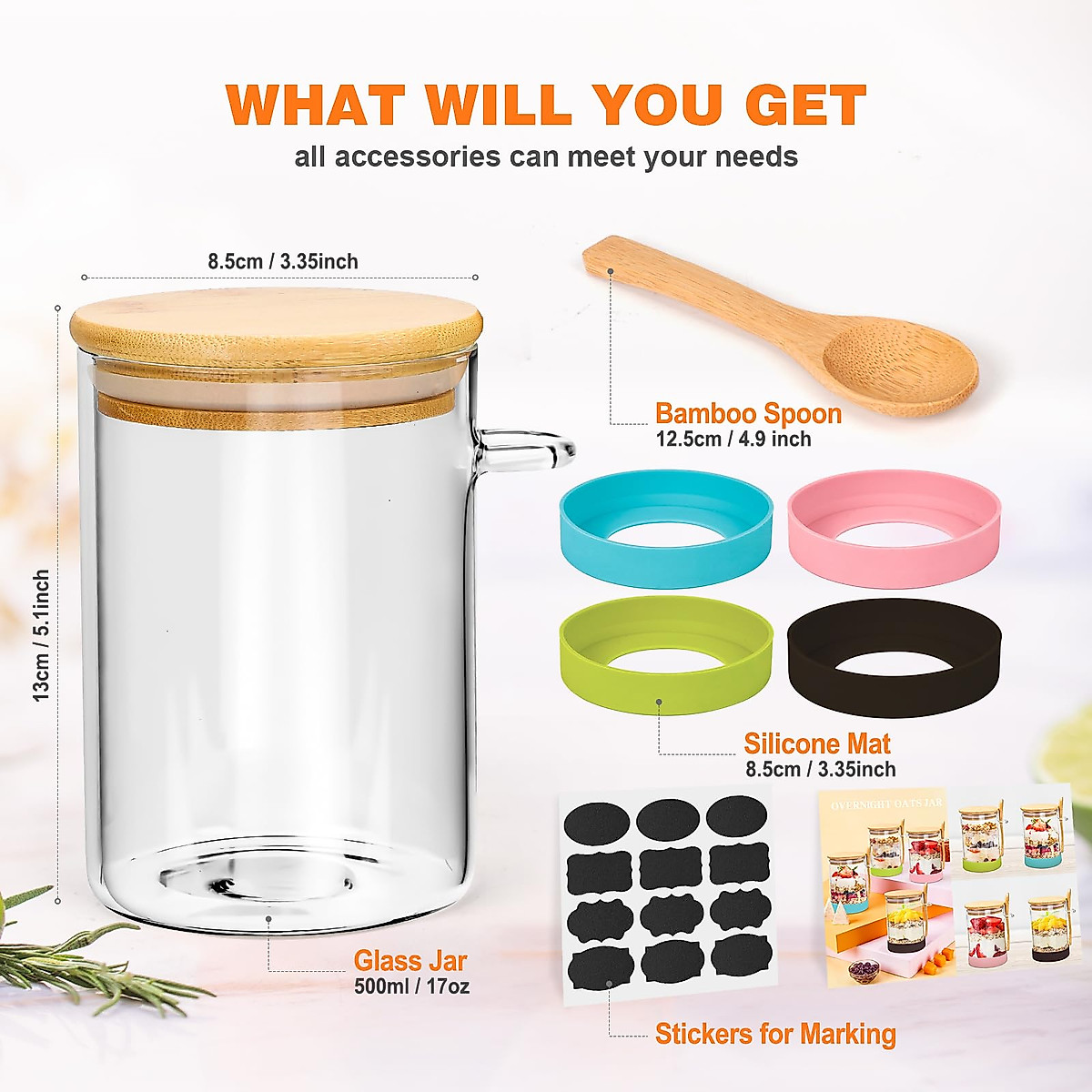 JinhzWin 4 Packs Overnight Oats Containers with Lids, 17 Oz Oats Overnight Glass Jar with Bamboo Spoon, Large Capacity Jars with 4 Colors Silicone Mats for Cereal Fruit Vegetable Yogurt Milk Salad