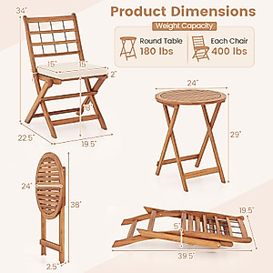 HAPPYGRILL 3 Pieces Acacia Wood Patio Bistro Set, Folding Outdoor Table and Chairs Set with Cushions, Outdoor Patio Furniture Set for Porch, Balcony, Deck, Garden, Backyard