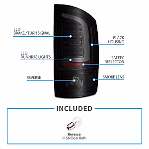 AmeriLite for 2002-2006 Dodge Ram 1500 2003-06 Ram 2500 3500 Pickup Dark Black C-Type LED Tube Replacement Tail Lights Brake Lamps Pair - Driver and Passenger Side