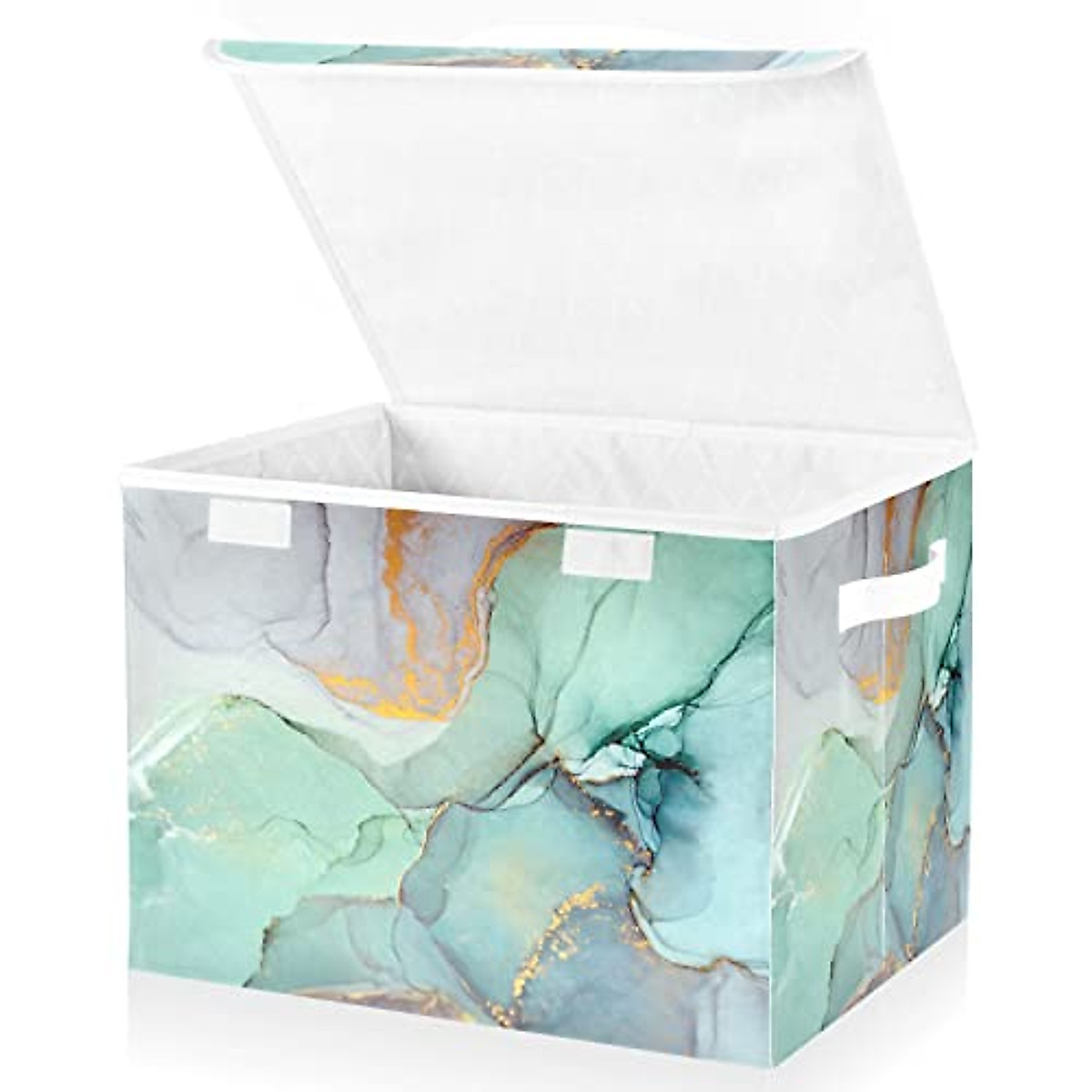 Kigai Abstract Marble Print Aqua Storage Basket with Lid Collapsible Storage Bin Fabric Box Closet Organizer for Home Bedroom Office 1 Pack
