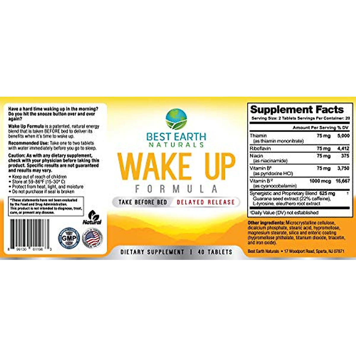 Best Earth Naturals Wake Up Formula, Supplement Taken at Bedtime and Works While You Sleep for Delayed Time Release Energy in Morning. Alternative to Coffee and Morning Alarm Clock 40 Count