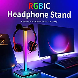 MOCIUN USB Gaming Desktop Headphone Display Stand, RGB Gaming Headphone Stand with USB 2.0 Hub and 3.5 mm Audio Port T-Ouch Control LED Strip Lamp (A)