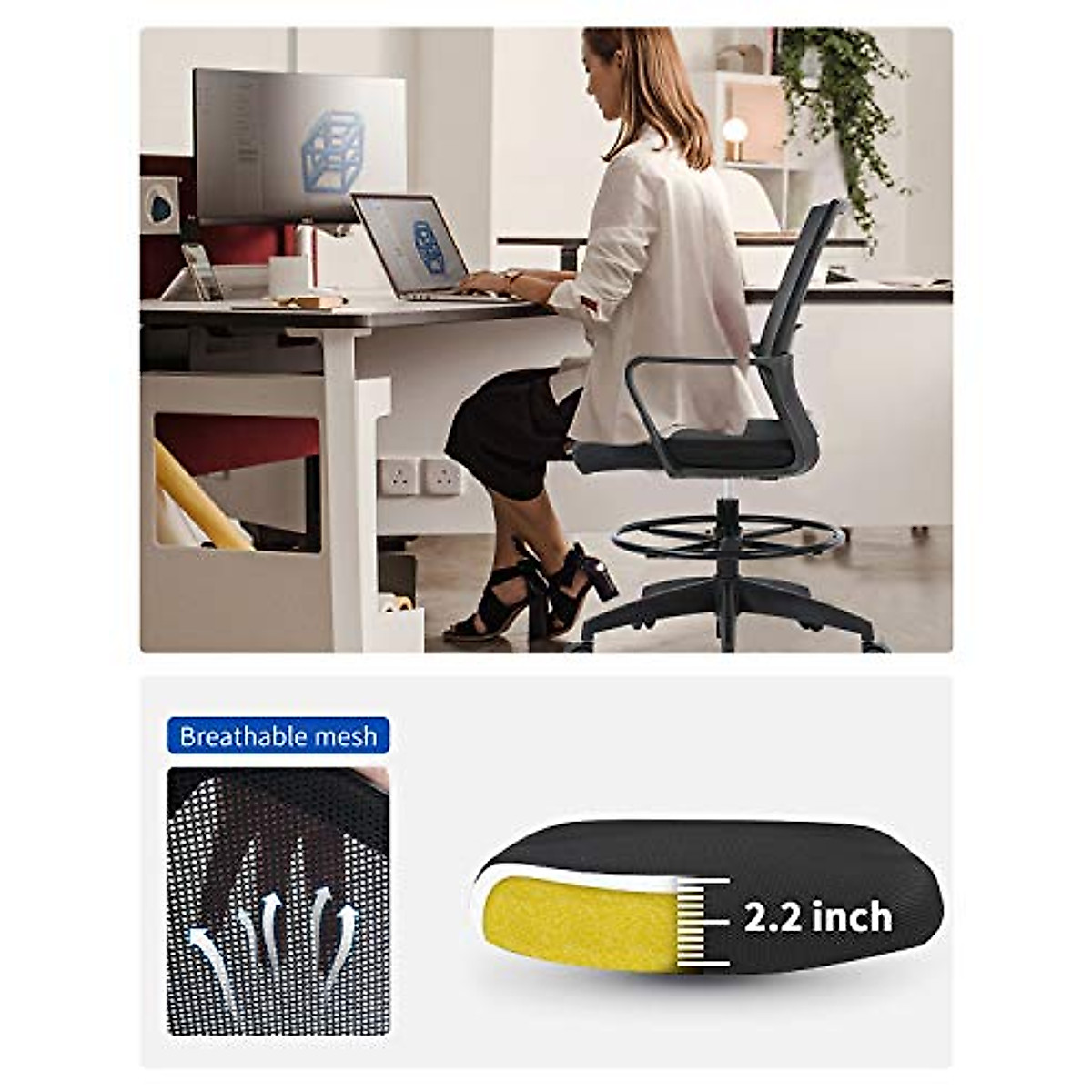 Drafting Chair Tall Office Chair Adjustable Height with Lumbar Support Arms Footrest Mid Back Desk Chair Swivel Rolling Mesh Computer Chair for Adults Standing Desk Drafting Stool(Black)