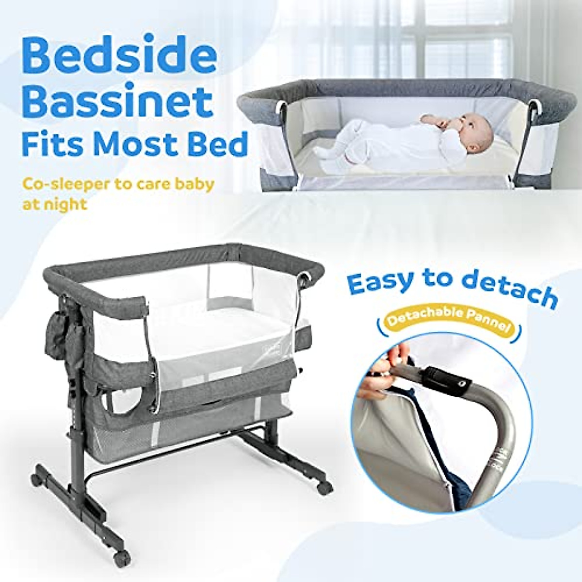 3 in 1 Baby Bassinet, Upgraded Beside Crib with 360° Highly Visible Mesh wall, Comfy Co-sleeper Bassinet with mattress, 5 Level Adjustable Height, Foldable & Portable BabyTravel Crib for Newborn, Grey