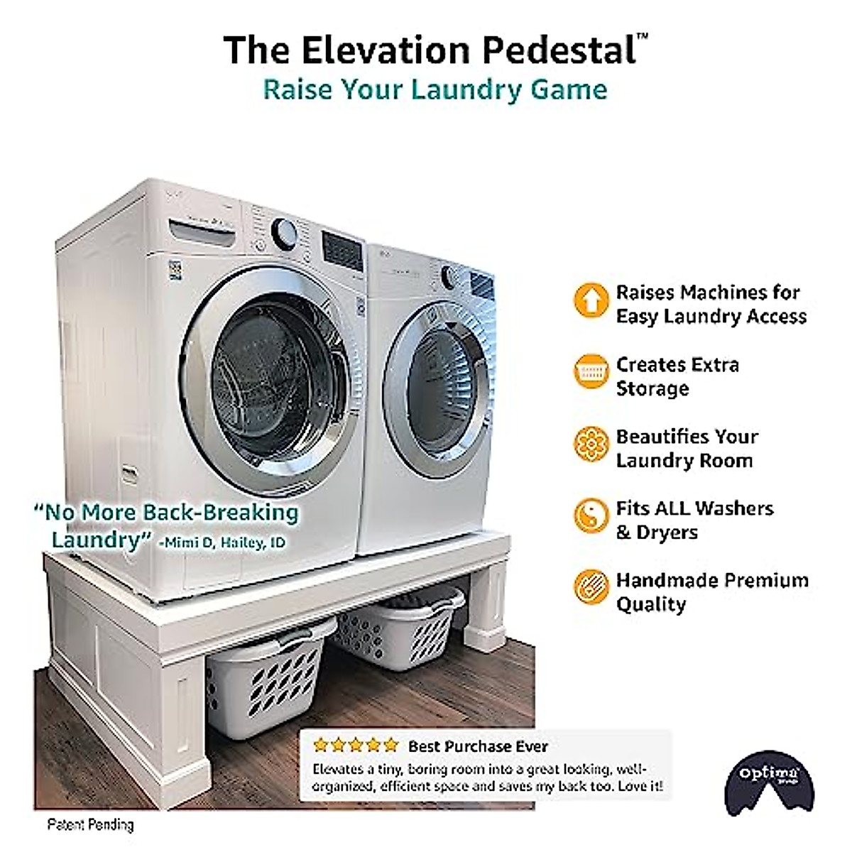The Elevation Pedestal | Raises Your Washer & Dryer | Custom-Made to Fit All Machines, Samsung, LG, GE, Whirlpool, etc| Adds Storage, Beautifies Your Laundry Room | Premium, Solid Wood, 52-58” Wide