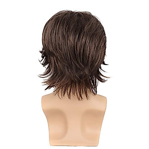Short Brown Wig for Mens Layered Natural Fluffy Synthetic Hair Wig Heat Resistant Halloween Cosplay with Wig Cap