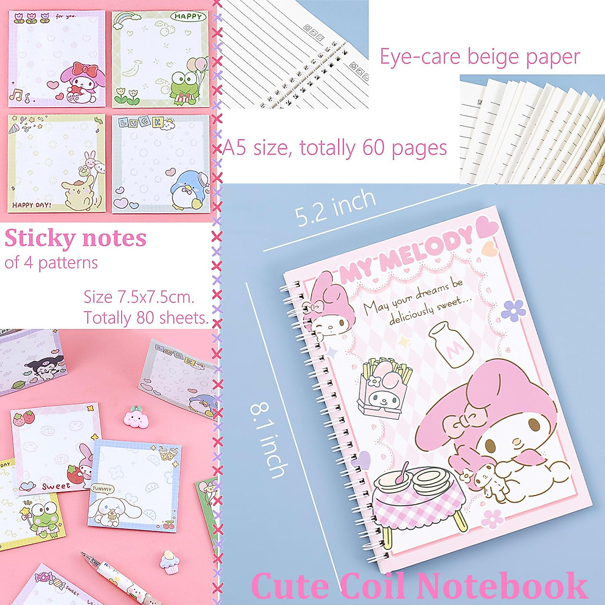 Koiswim Cute School Supplies Kawaii Stationery Gift Set, Including Gel Pens Notebook Pencil Cse Stickers Pins Badge Lanyard Sticky Note Bookmark (M)