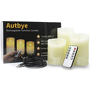 Autbye Rechargeable Flameless Candles, LED Flickering Candles Tealights Pillar Candles Sets with Adjustable Brightness and Timing Remote, 4in 5in 6in Pack of 3